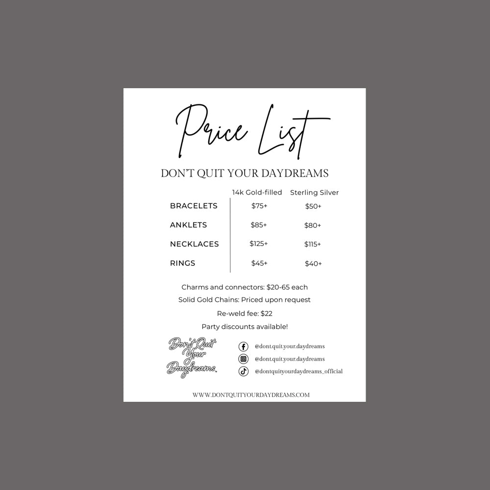 Permanent Jewelry Price List – Dont Quit Your Daydreams